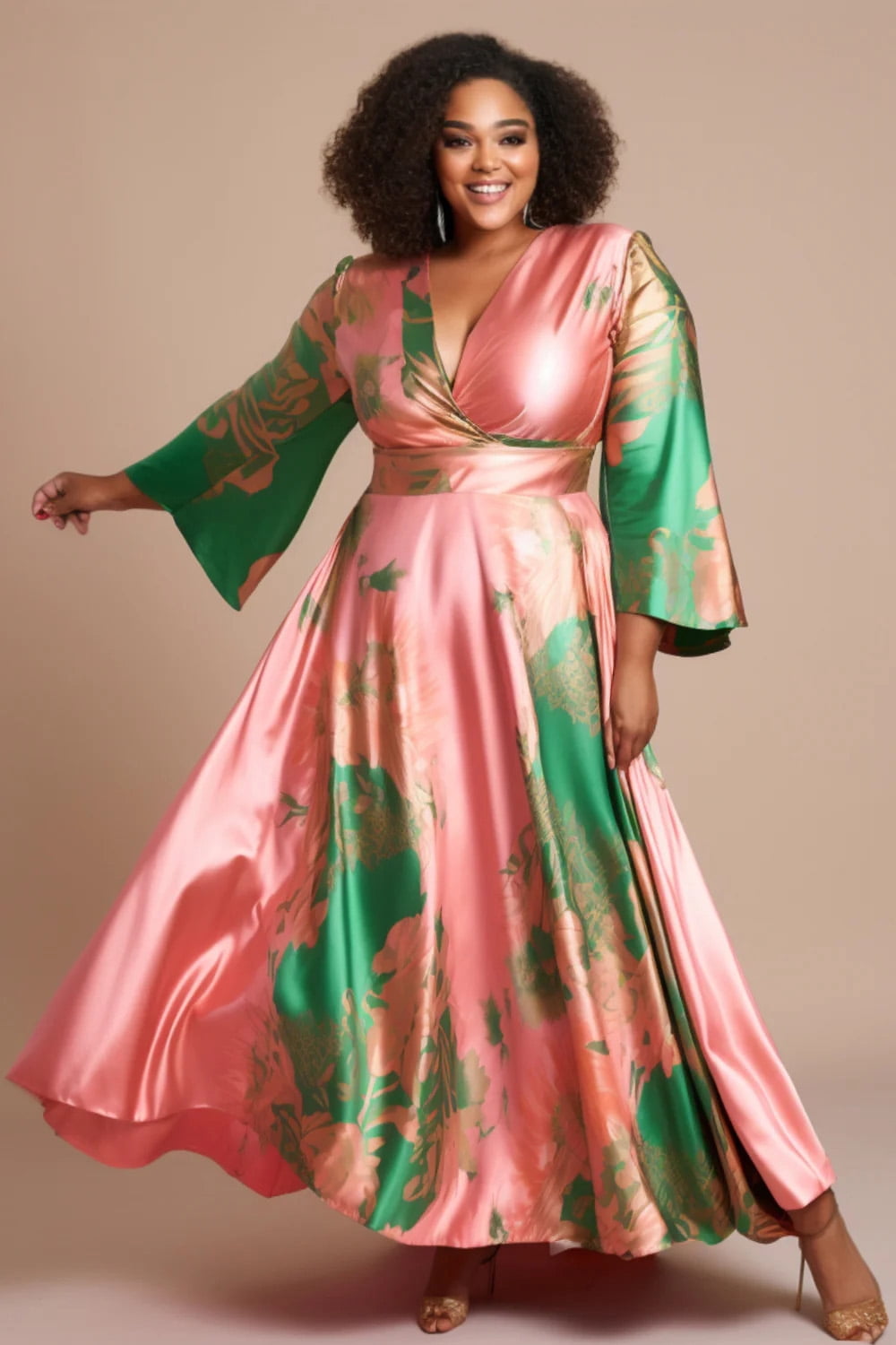 Women‘s Plus Size Satin Dress Vacation Elegant Pink Colorblock Flare ...