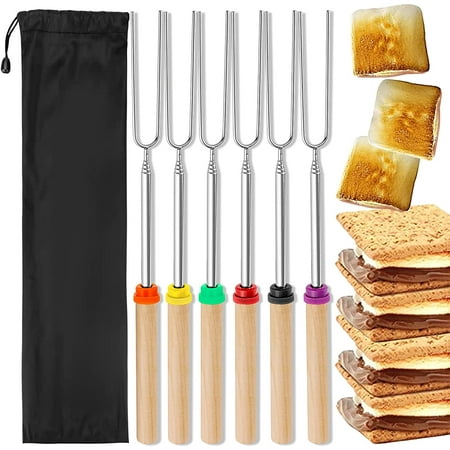 Marshmallow Roasting Sticks, Smores Sticks with Wooden Handle Extendable Forks, Set of 6 Pcs ...