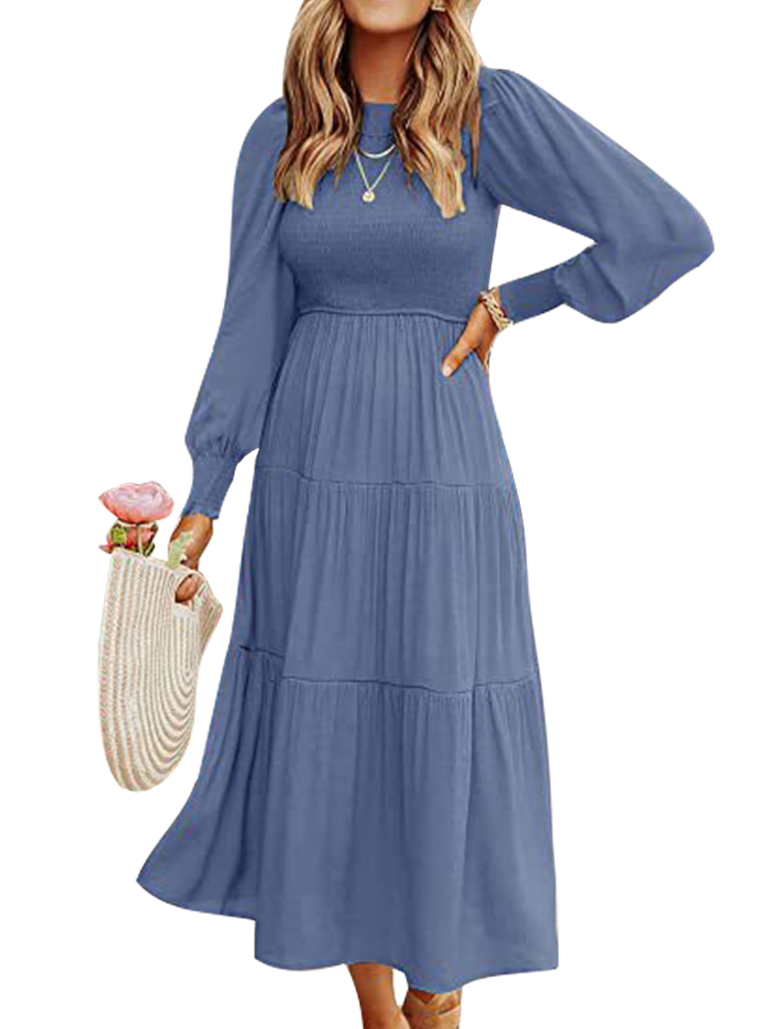Ladies Casual Maxi Dress Long Sleeve Round Neck Long Dresses Fall A ...