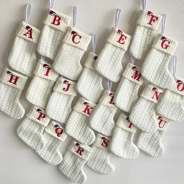 7.1" Mini Christmas Stockings, White Knitted Embroidered Xmas Stockings ...