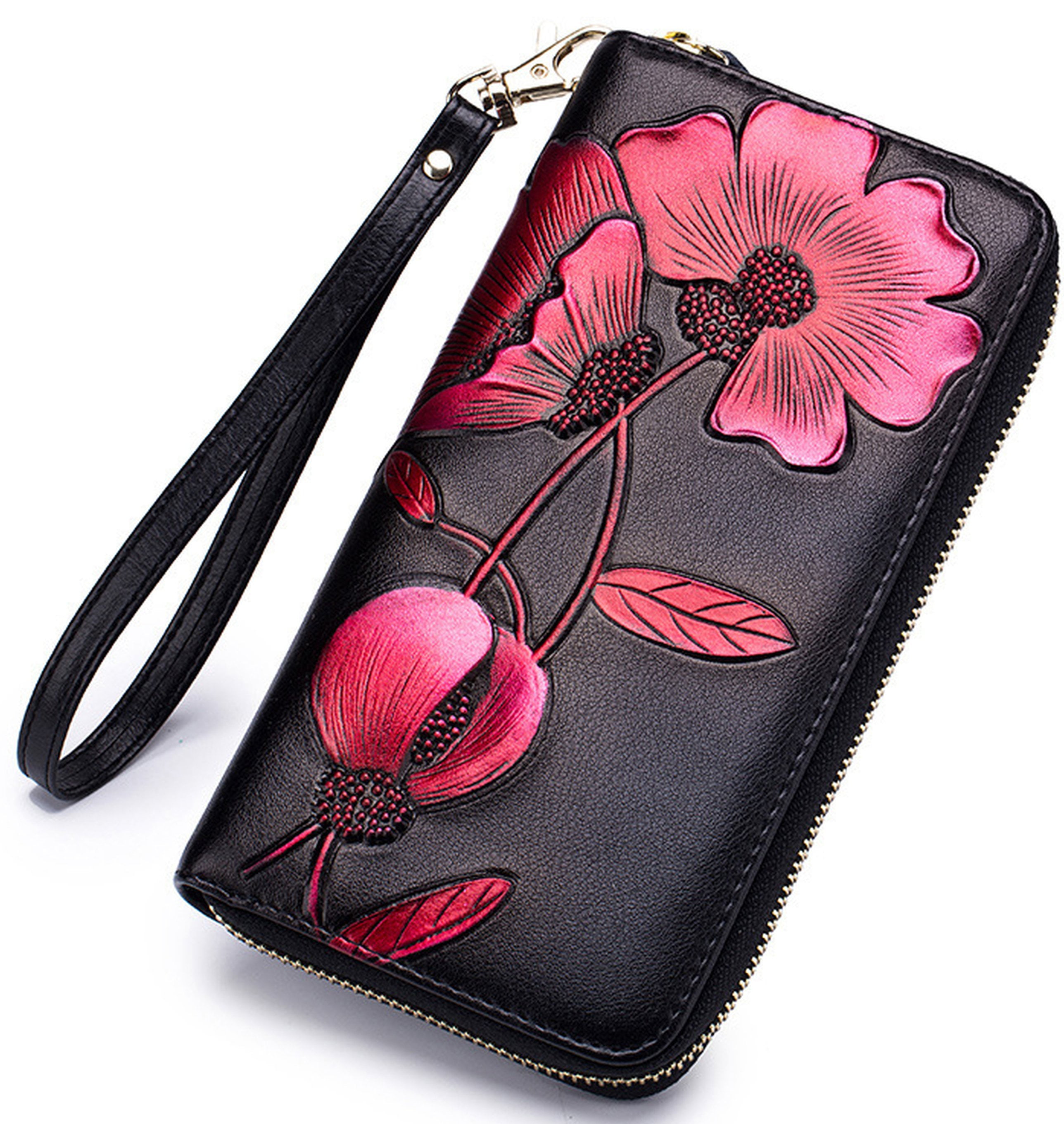 Ayli Women's RFID Block Leather Floral Zip Around Cell Phone Clutch ...