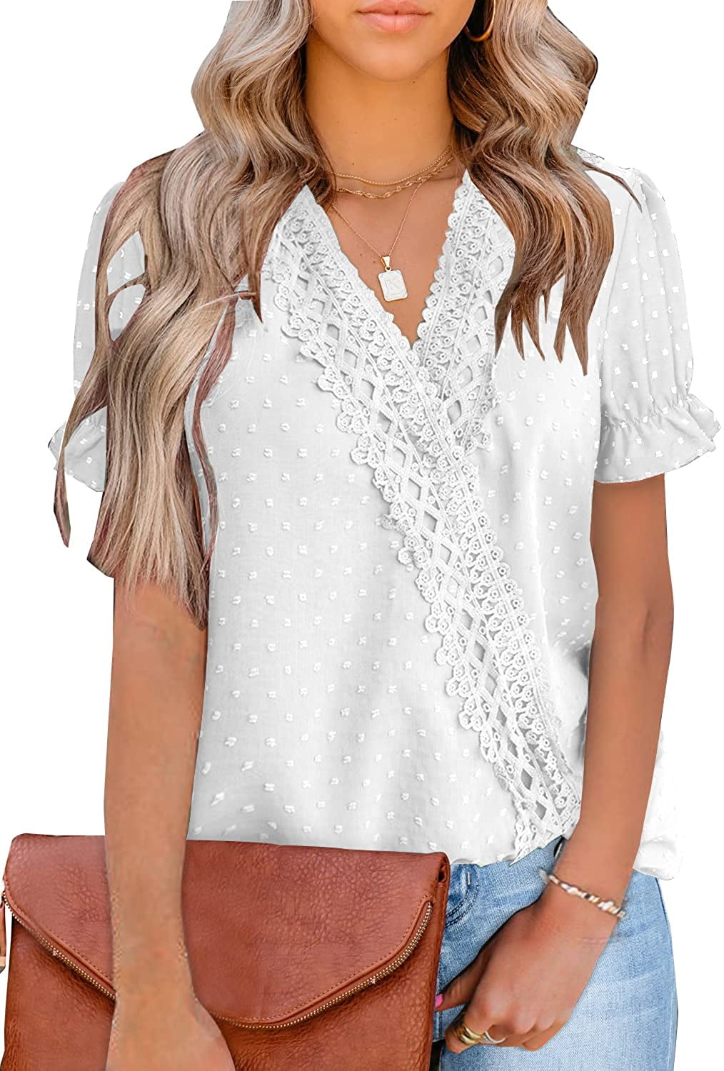 Womens Summer Short Sleeve Tops V Neck Chiffon Blouses Dressy Casual