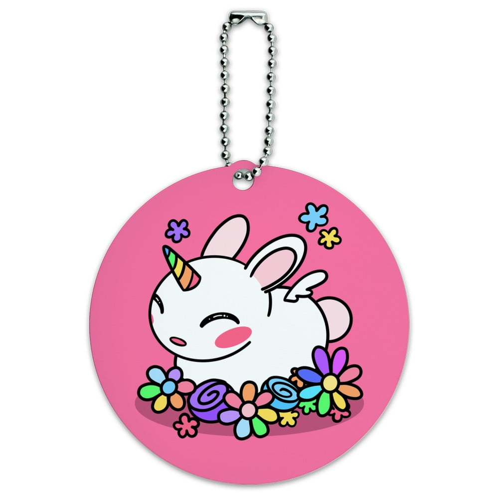 Cute Unicorn Bunny Rabbit with Rainbow Flowers Round Luggage ID Tag ...
