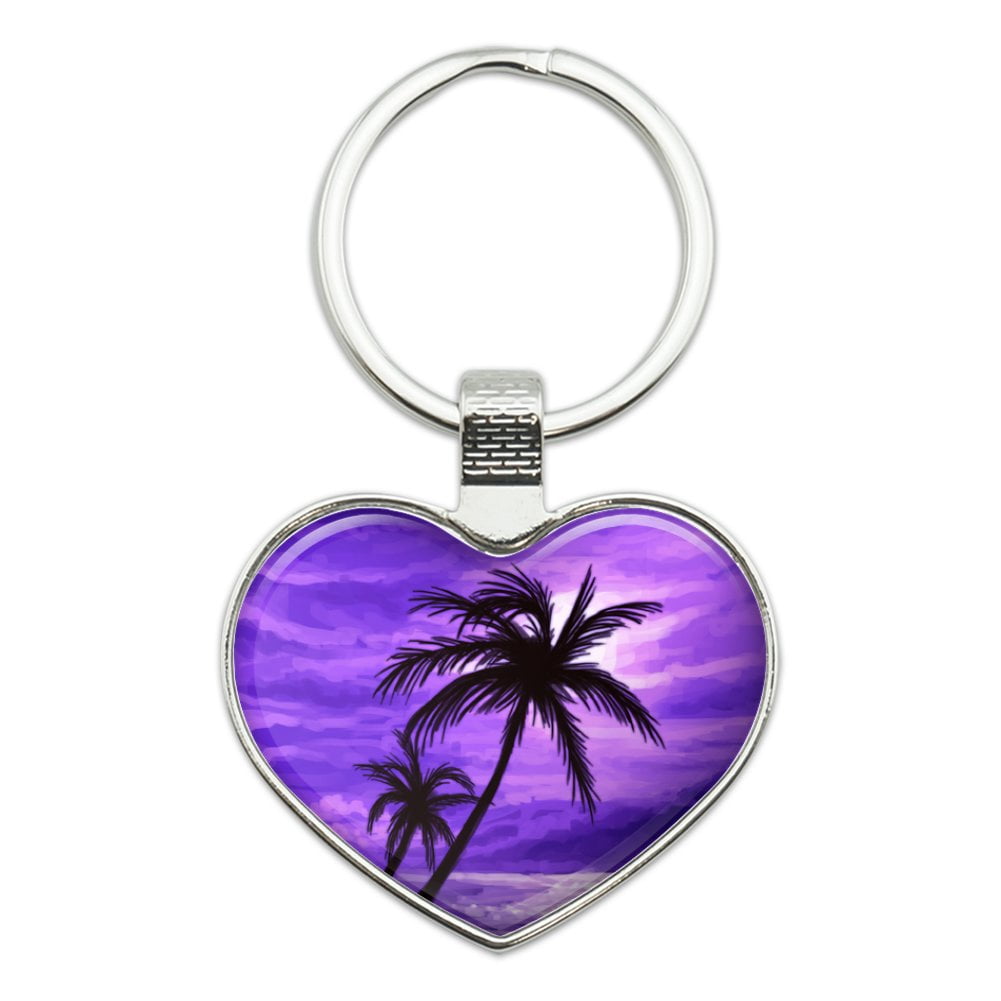 Purple Sunset Beach Palm Tree Hawaii Paradise Heart Love Metal Keychain ...
