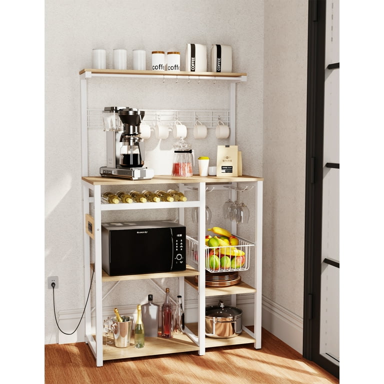 Behost 60 inch Kitchen Island Baker s Rack with Power Outlet Industrial Microwave Stand Coffee Bar White
