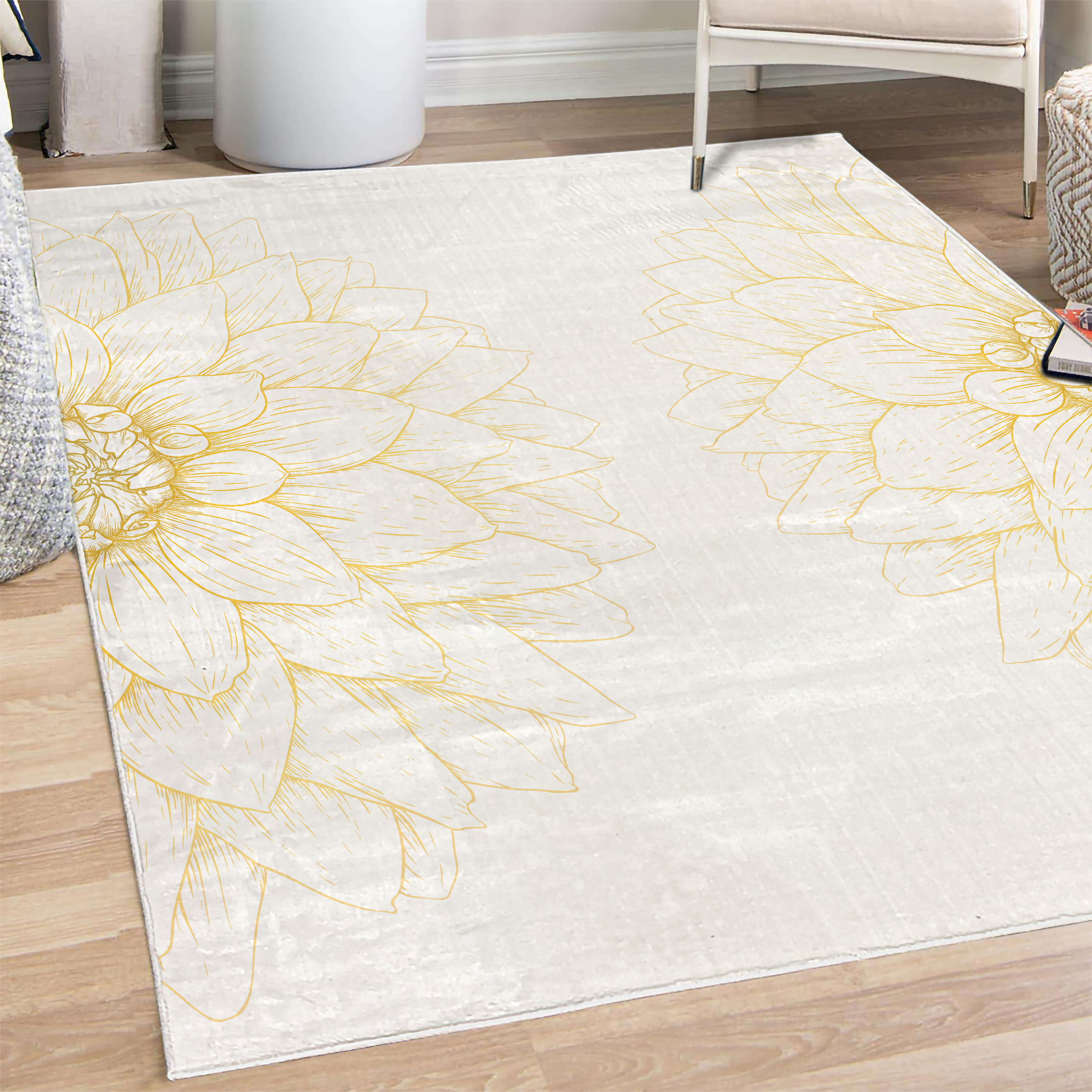 Dahlia Flower Decorative Rug, Simplistic Drawing of Bushy Sunflower ...