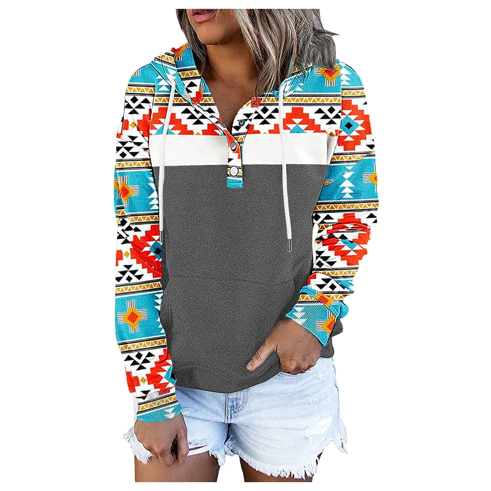 AlvaQ Womens Casual Geometric Print Hoodie Long Sleeve Drawstring