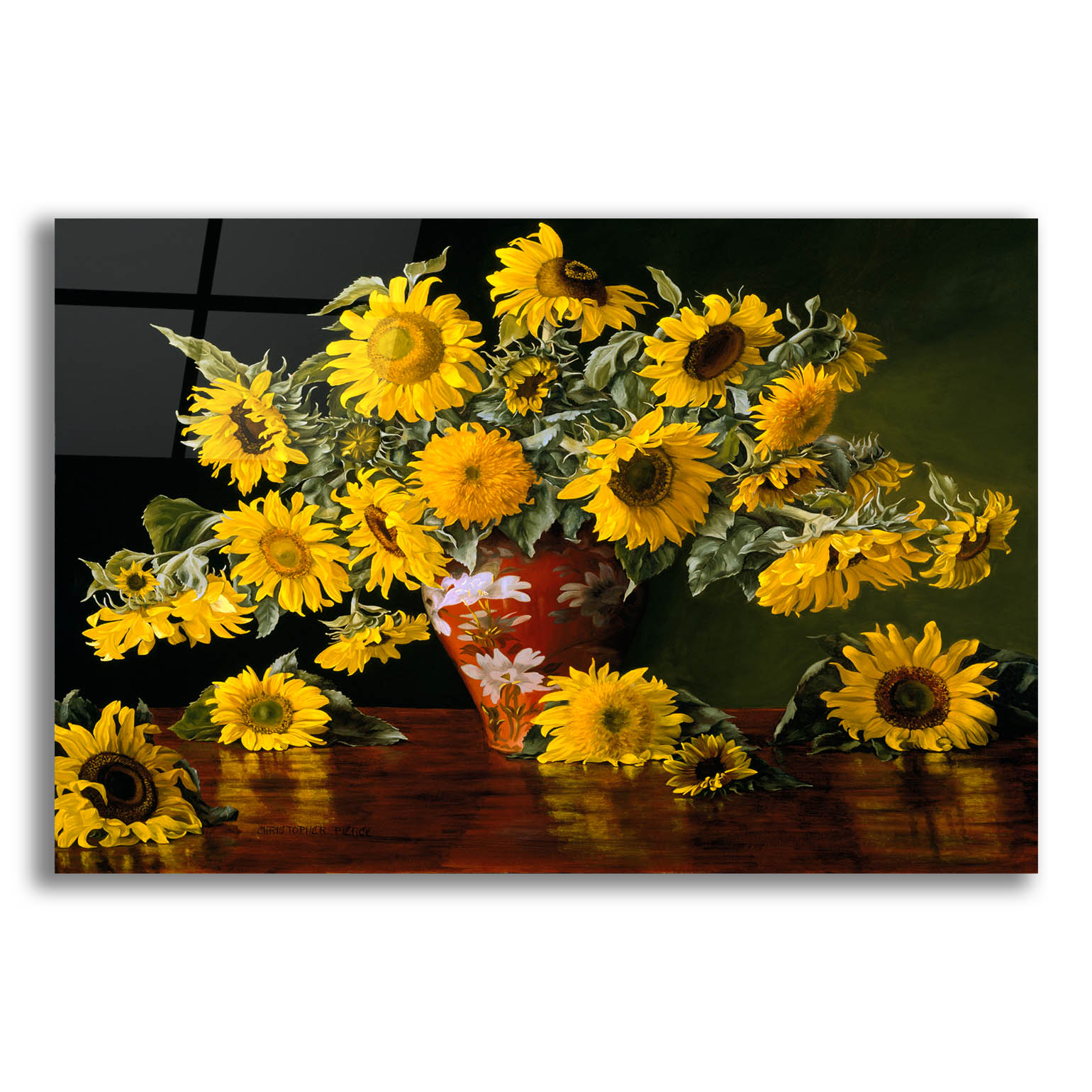 Epic Art 'Sunflower In A Red Chinese Vase' by Christopher Pierce, Acrylic Glass Wall Art, 24"x16 ...