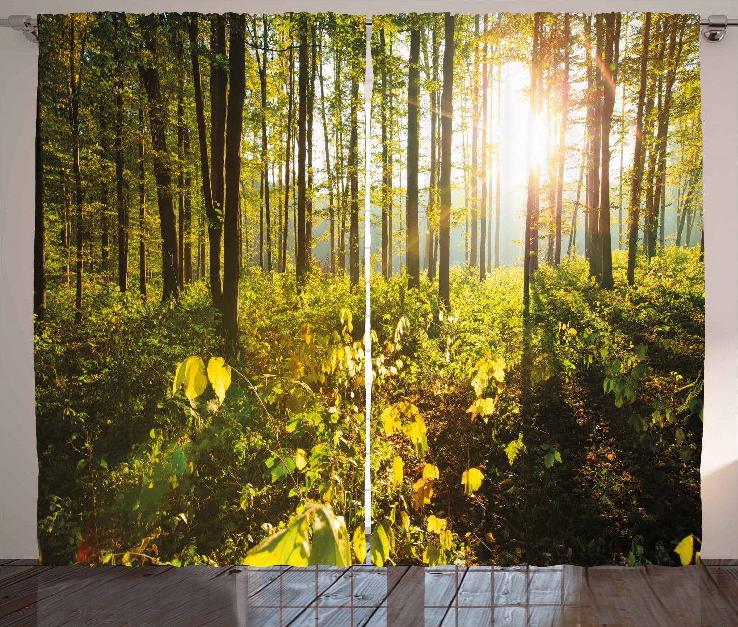 Forest Curtains 2 Panels Set, Trees Sun Rays in Woods Foliage Greenery ...