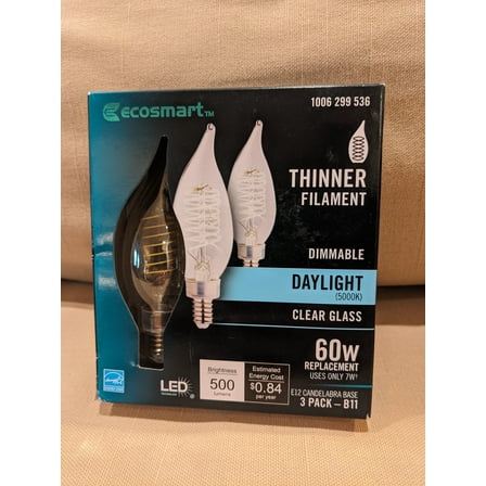 Ecosmart 60-Watt Equivalent B11 Dimmable E12 Candelabra Thin Filament ...