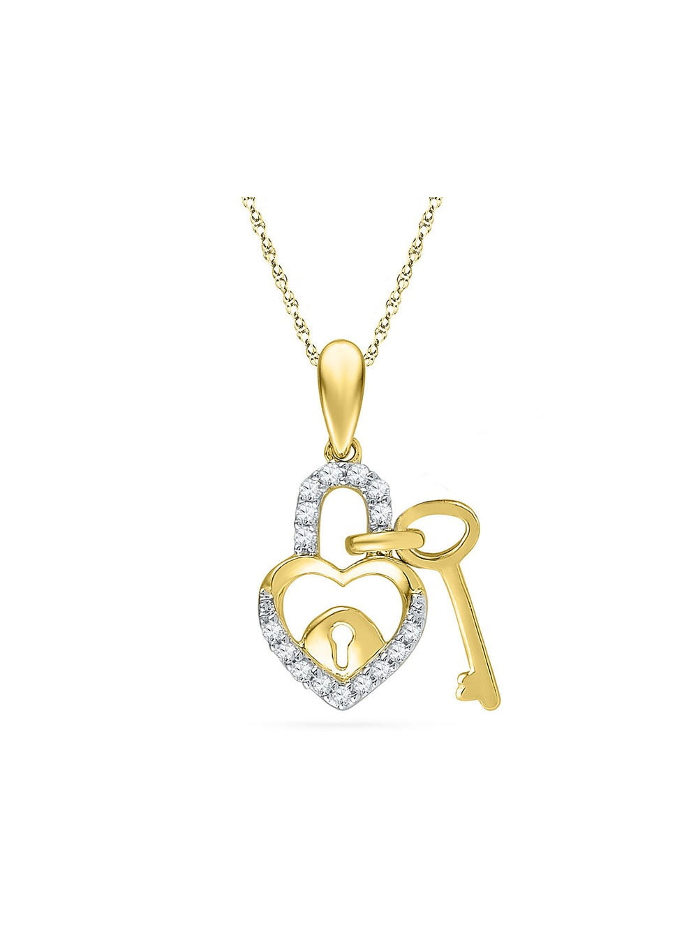 1/10 Carat (Ctw I2-I3) Diamond Heart Lock Key Pendant Necklace in 10K ...