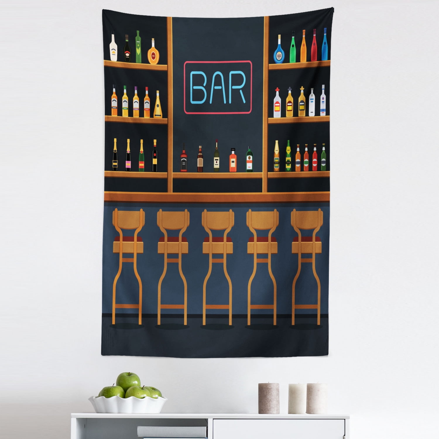 Bar Tapestry, Pub Stand with Chairs and Bottles of Alcohol Aligned ...