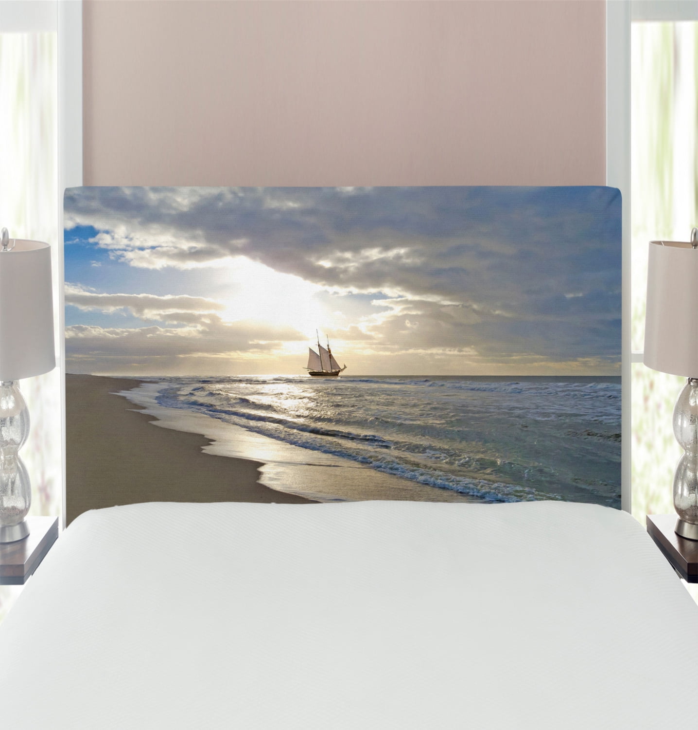 Nautical Headboard, Sailing Ship Close to Sandy Beach in Moody Sunset ...