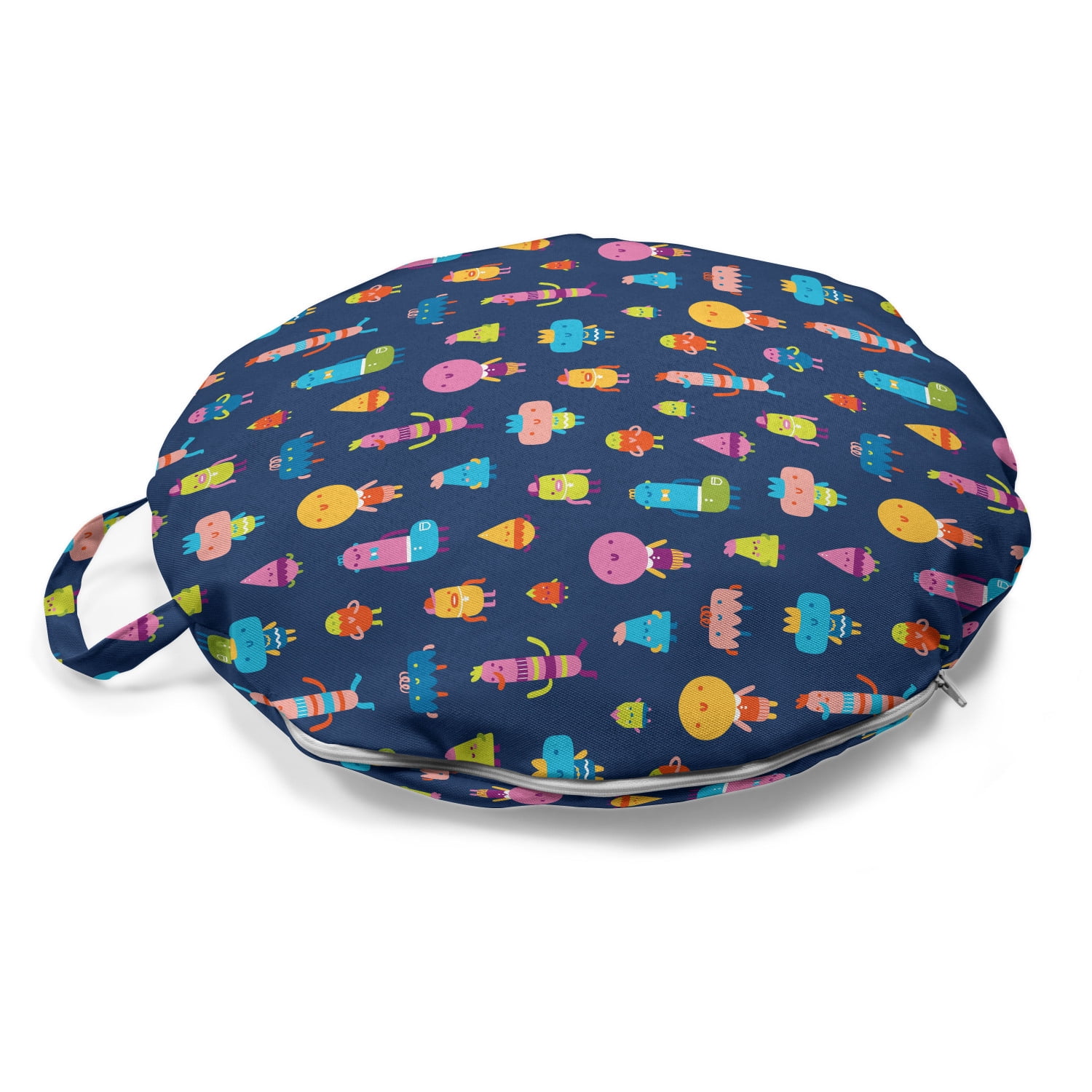 Cartoon Round Floor Cushion with Handle, Abstract Style Characters ...