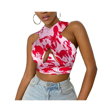 Sylvamorning Women Close-fitting Vest Printing Halter Neck Sleeveless ...