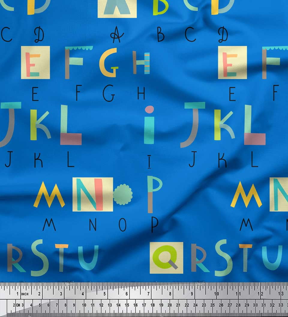 Soimoi Blue polyester Crepe Fabric Colorful Alphabets Text Print Fabric ...