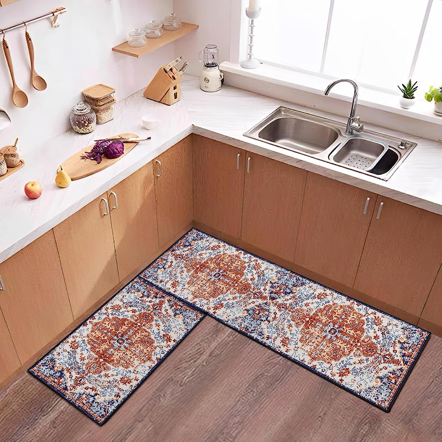 Boho Kitchen Mats for Floor, Set of 2 Non Skid Washable Kitchen Rugs ...