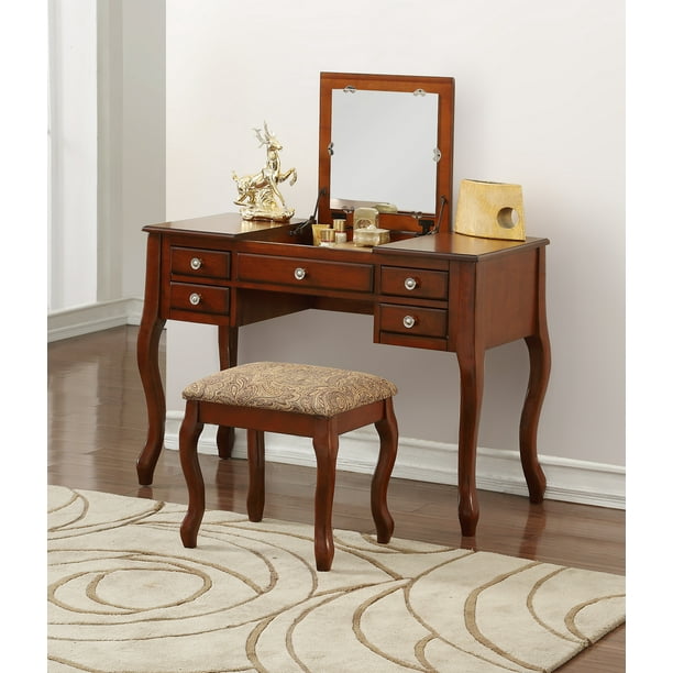Bobkona Cailyn Flip Up Mirror vanity Set with Stool in Cherry - Walmart.com