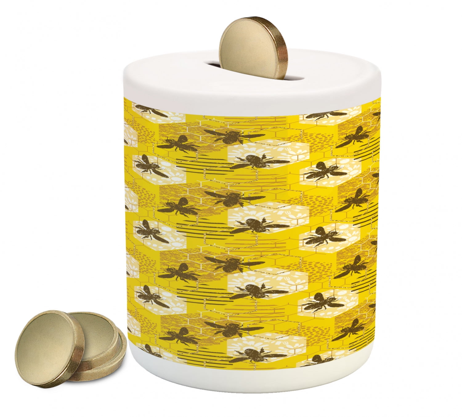 Bee Piggy Bank, Patchwork Background of Floral Elements Stripes and ...