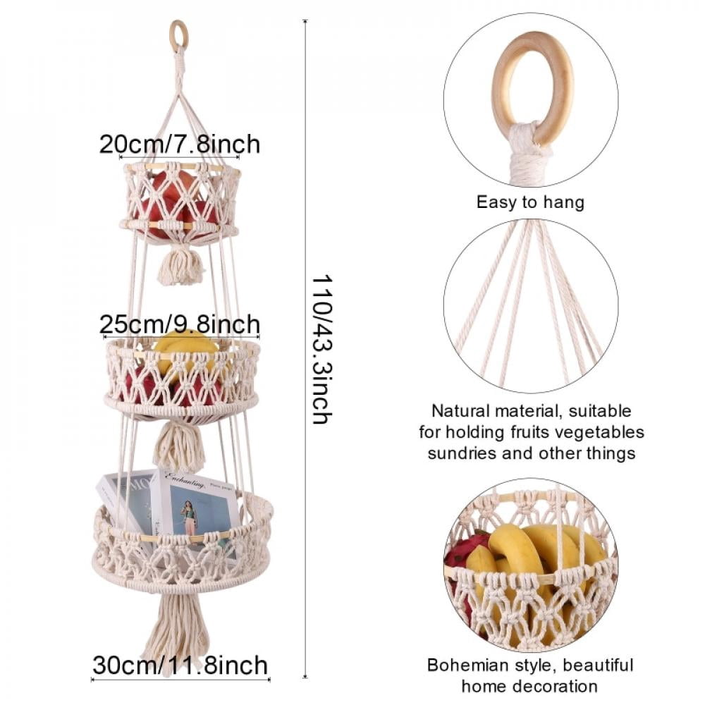 Macrame 1/2/3 Tier Hanging Basket Space Saving Hanging Fruit Produce ...