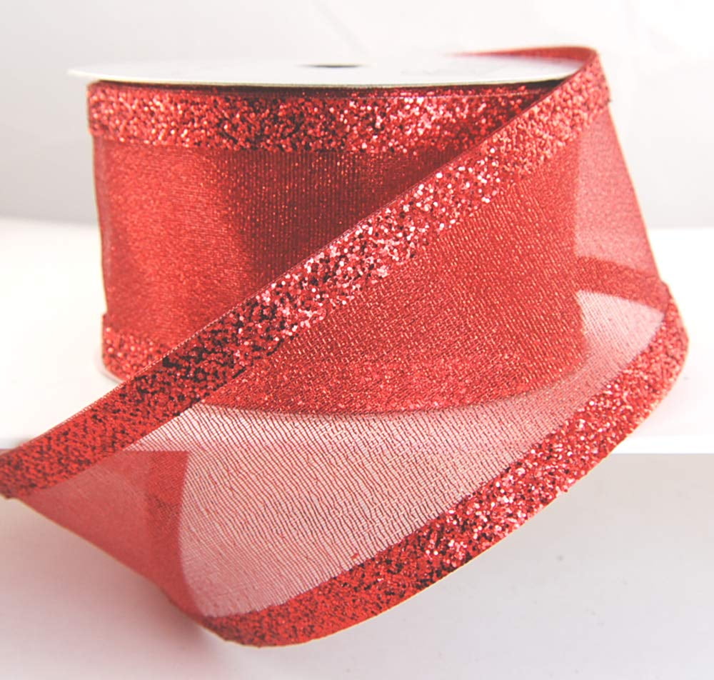 Wire Edged Skylar Sheer Red with Red Metallic Edging Christmas Ribbon 2 ...