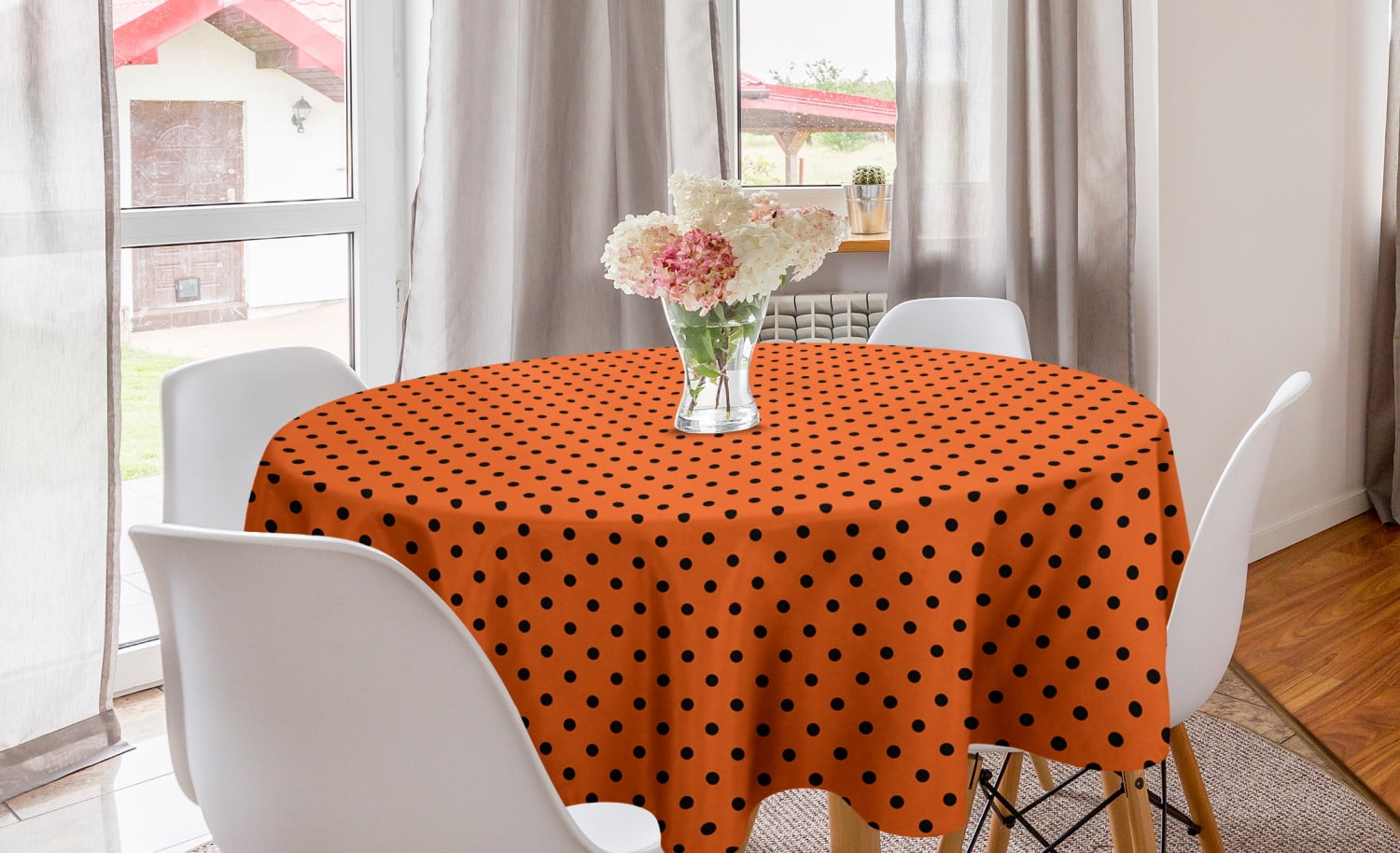 Orange Round Tablecloth, Vintage Retro Design Little Black Polka Dots ...