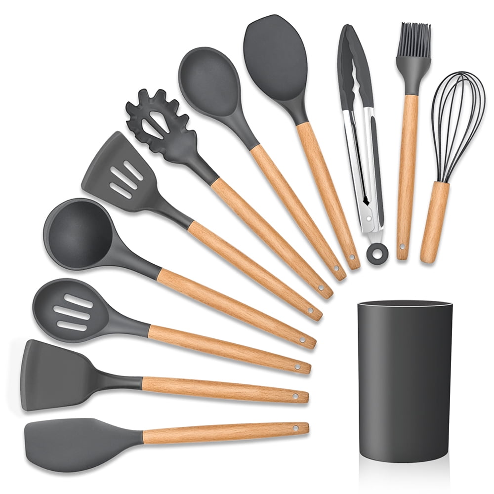 12-Piece Silicone Kitchen Cooking Utensils Set with Holder, Wooden ...