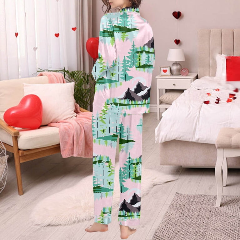 JIAYUE Women Pajama Set Notch Collar Pattern Print Satin Sleepwear Long ...