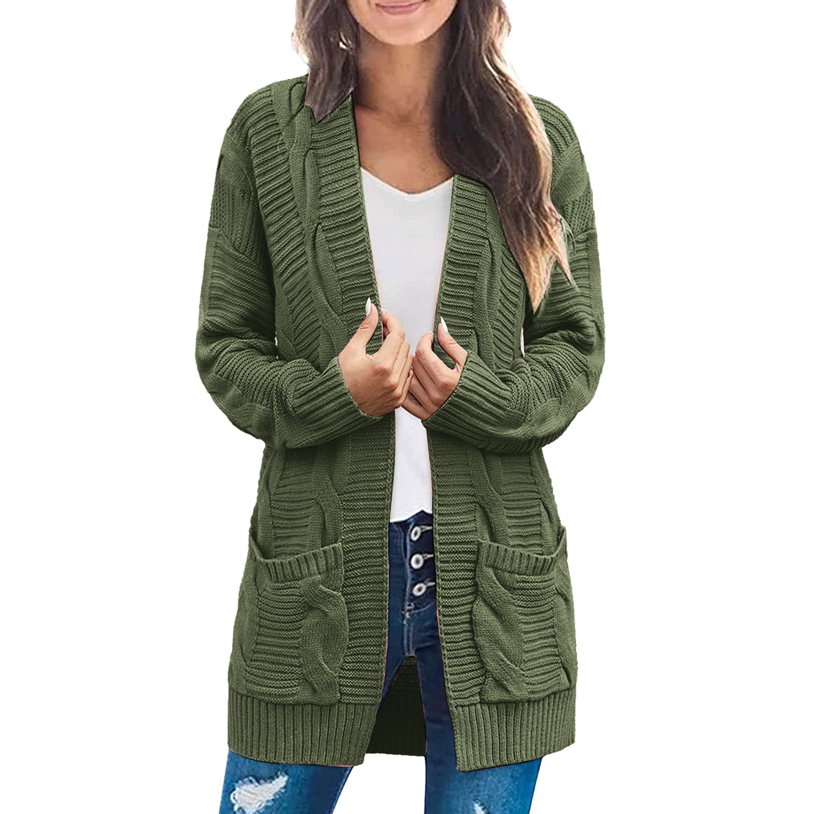 Long Cable Knitted Sweater Open Front Warm Pullover Fashion Loose ...