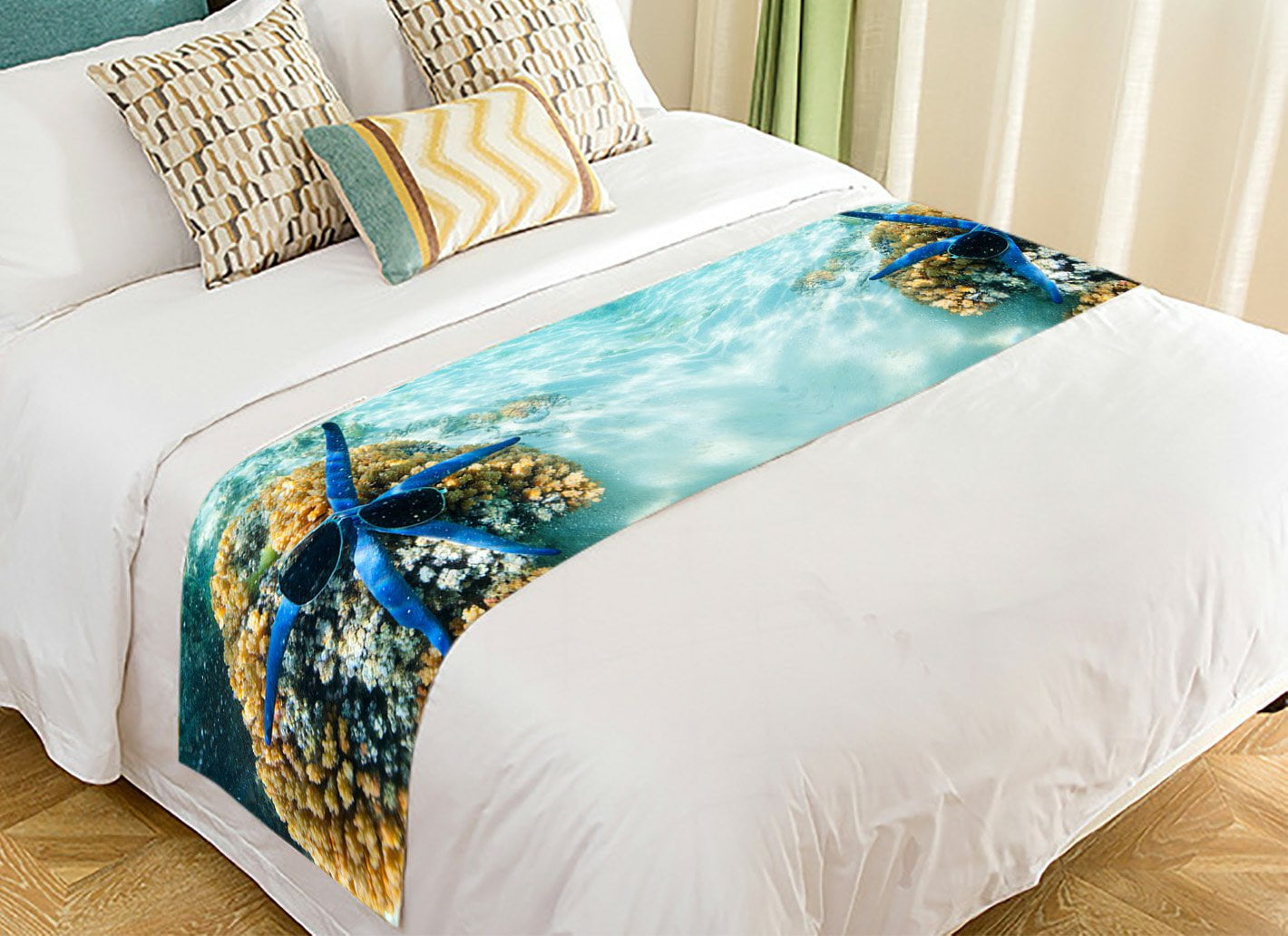 GCKG Underwater World Bed Runner, Blue Starfish Sea Star with ...