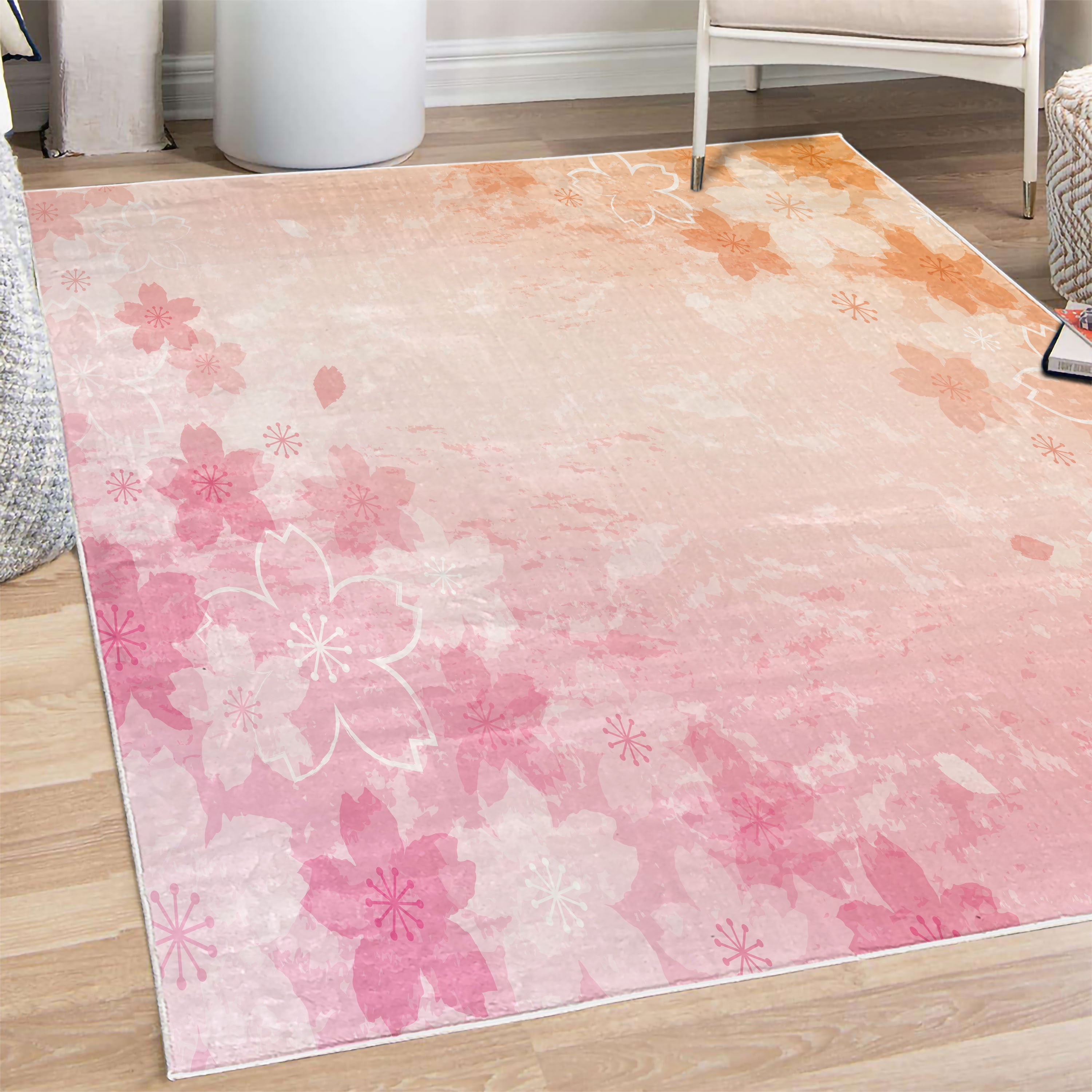 Nature Decorative Rug, Cherry Blossoms Pattern in Shabby Form Style ...