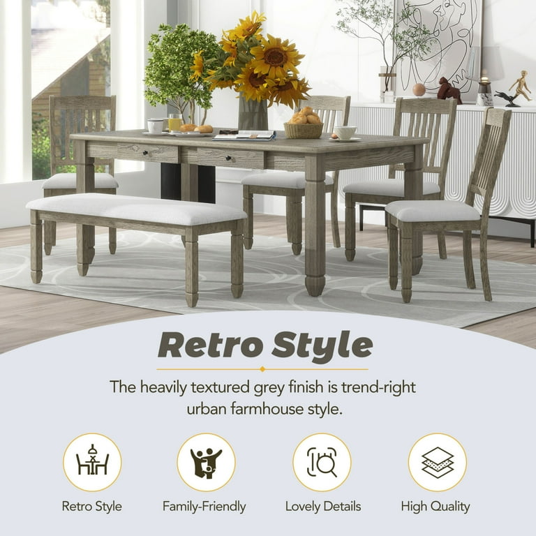 6 Piece Kitchen Dining Table Set 72 L Rectangular Table with 4 Upholstered Chairs and 1 Bench Wood Rustic Dining Set Farmhouse Dining Table with Bench and Chairs for Dining Room Kitchen Grey