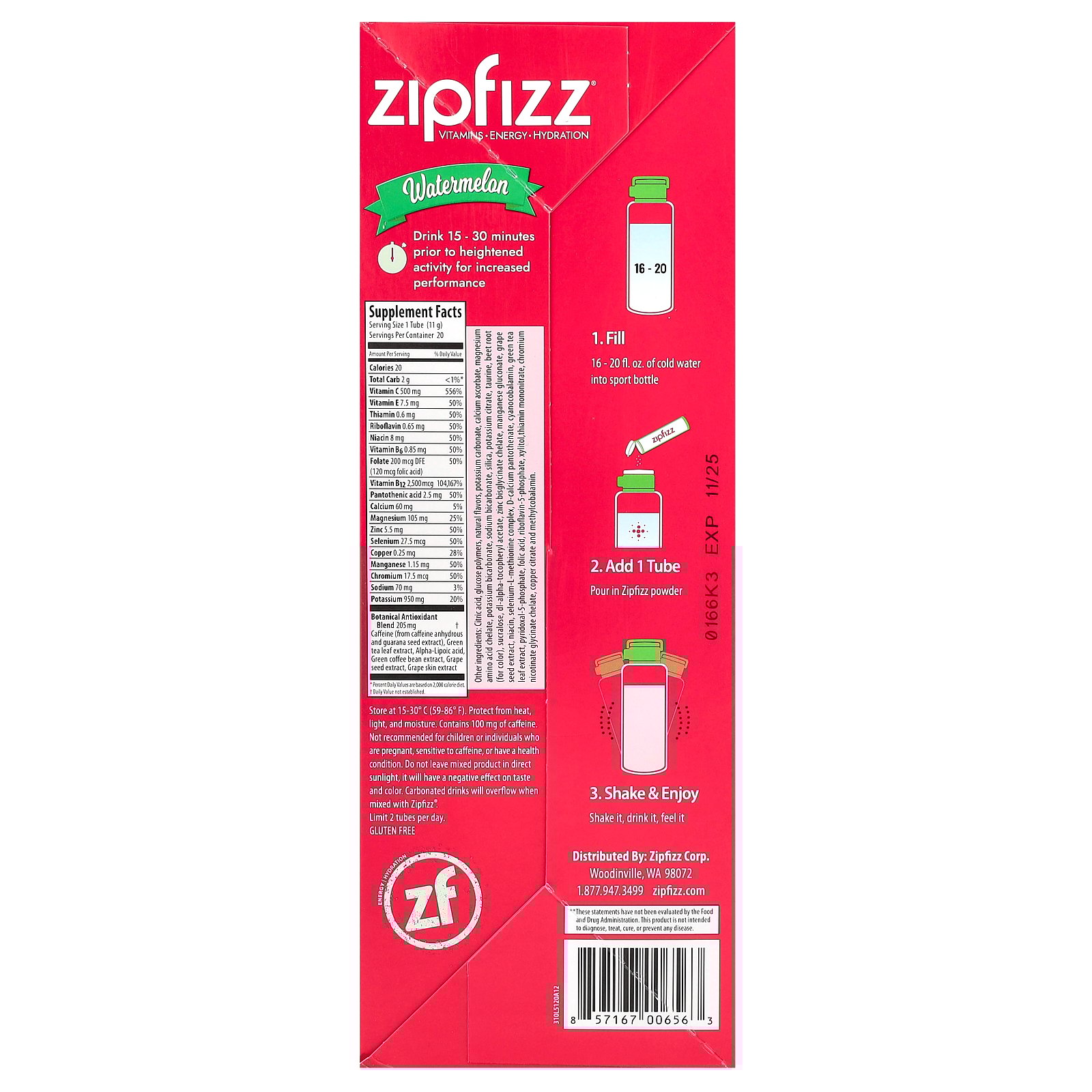 Zipfizz Watermelon, 20 Tubes, 0.39 oz Each, Vitamins Energy Hydration ...