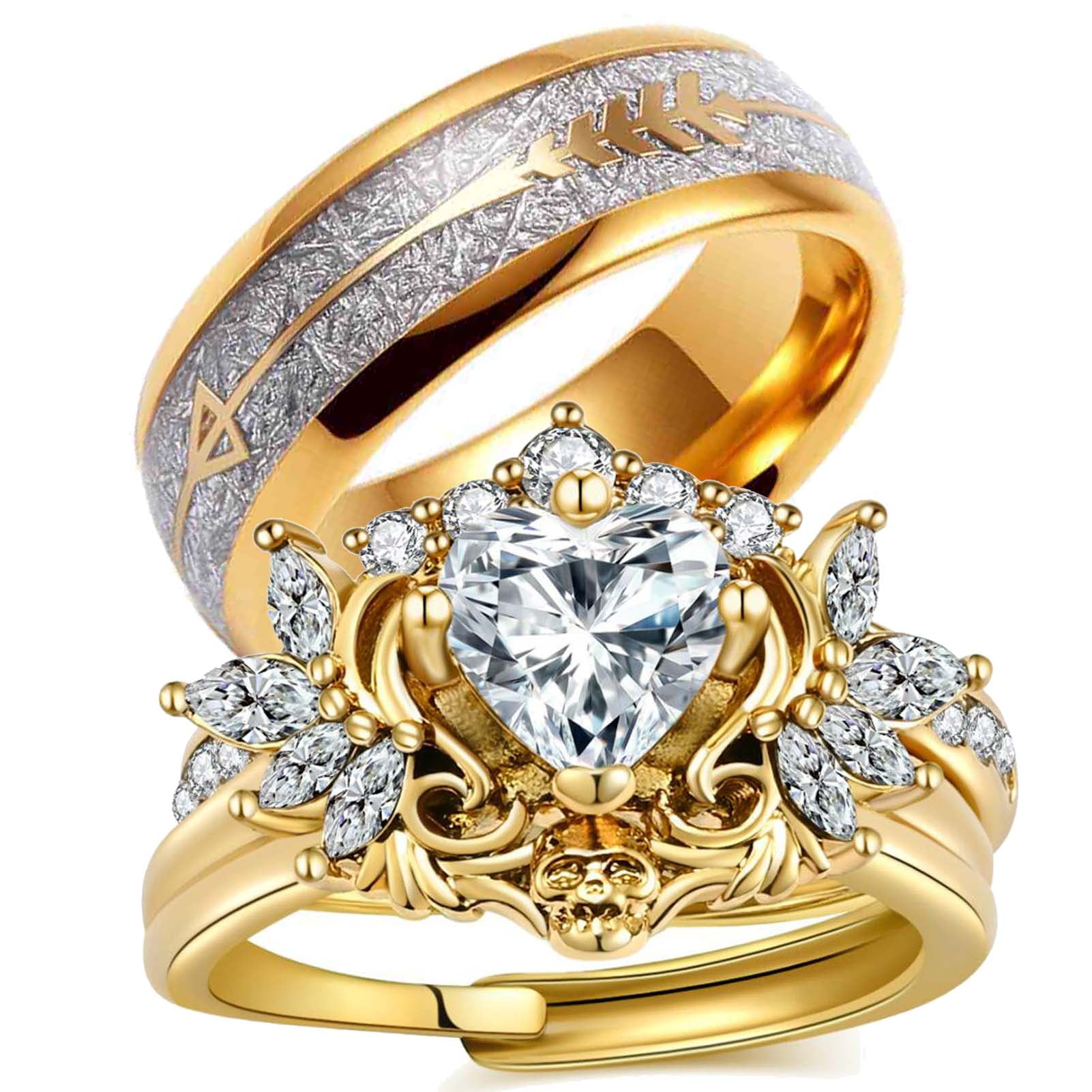 Matching Rings Yellow Gold Plated Couple Rings Wings 1CT Heart Red CZ ...