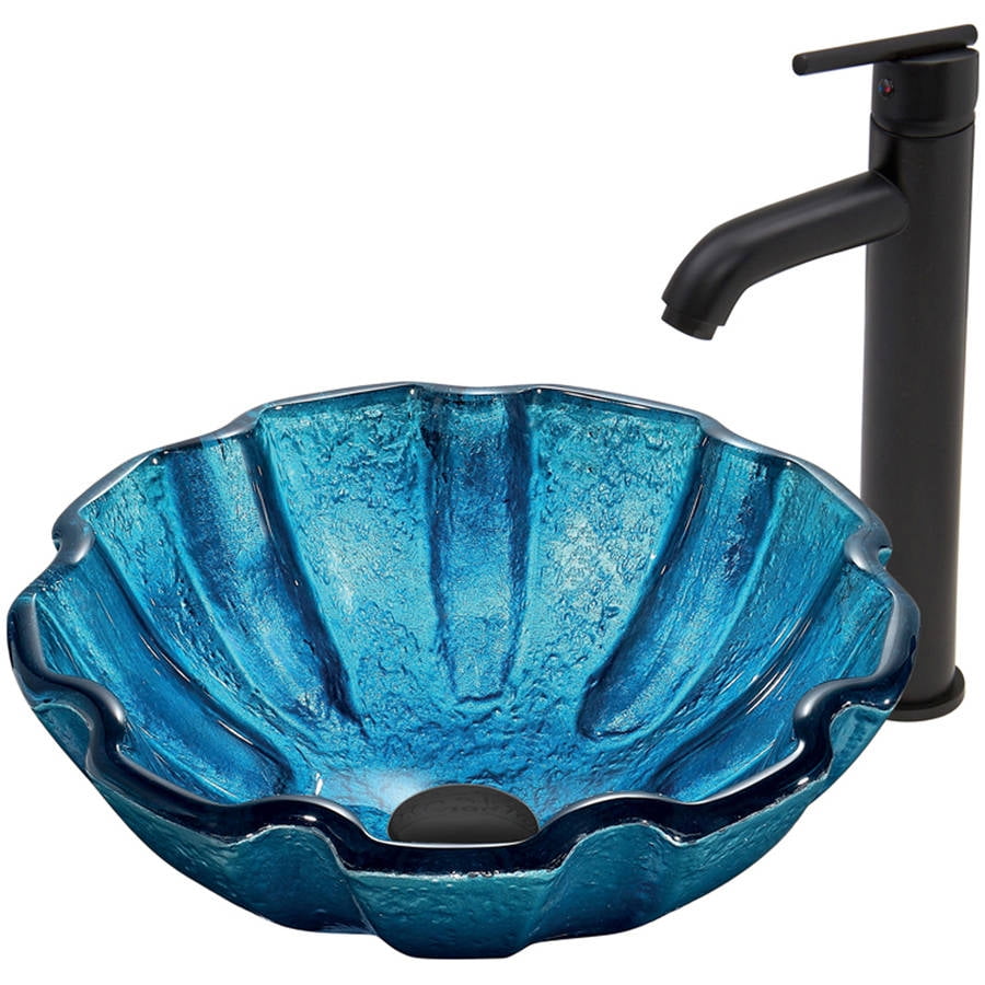 VIGO Mediterranean Seashell Glass Vessel Sink and Seville Faucet Set ...