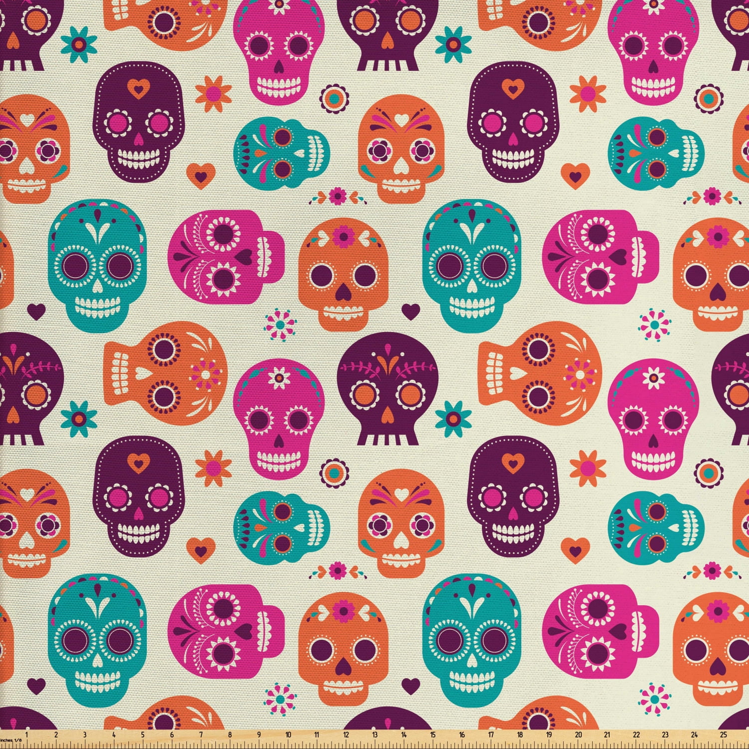 Sugar Skull Fabric by The Yard, Colorful Skull Silhouettes Hearts and ...