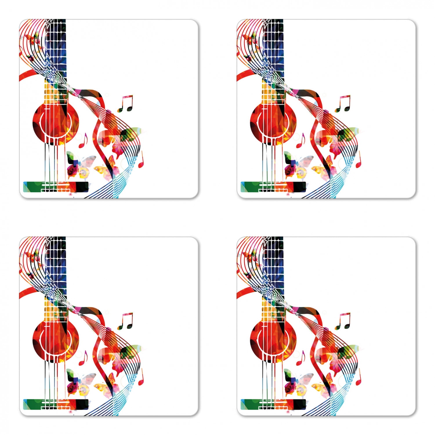 Colorful Coaster Set of 4, Ornamental Guitar Along Butterflies and ...