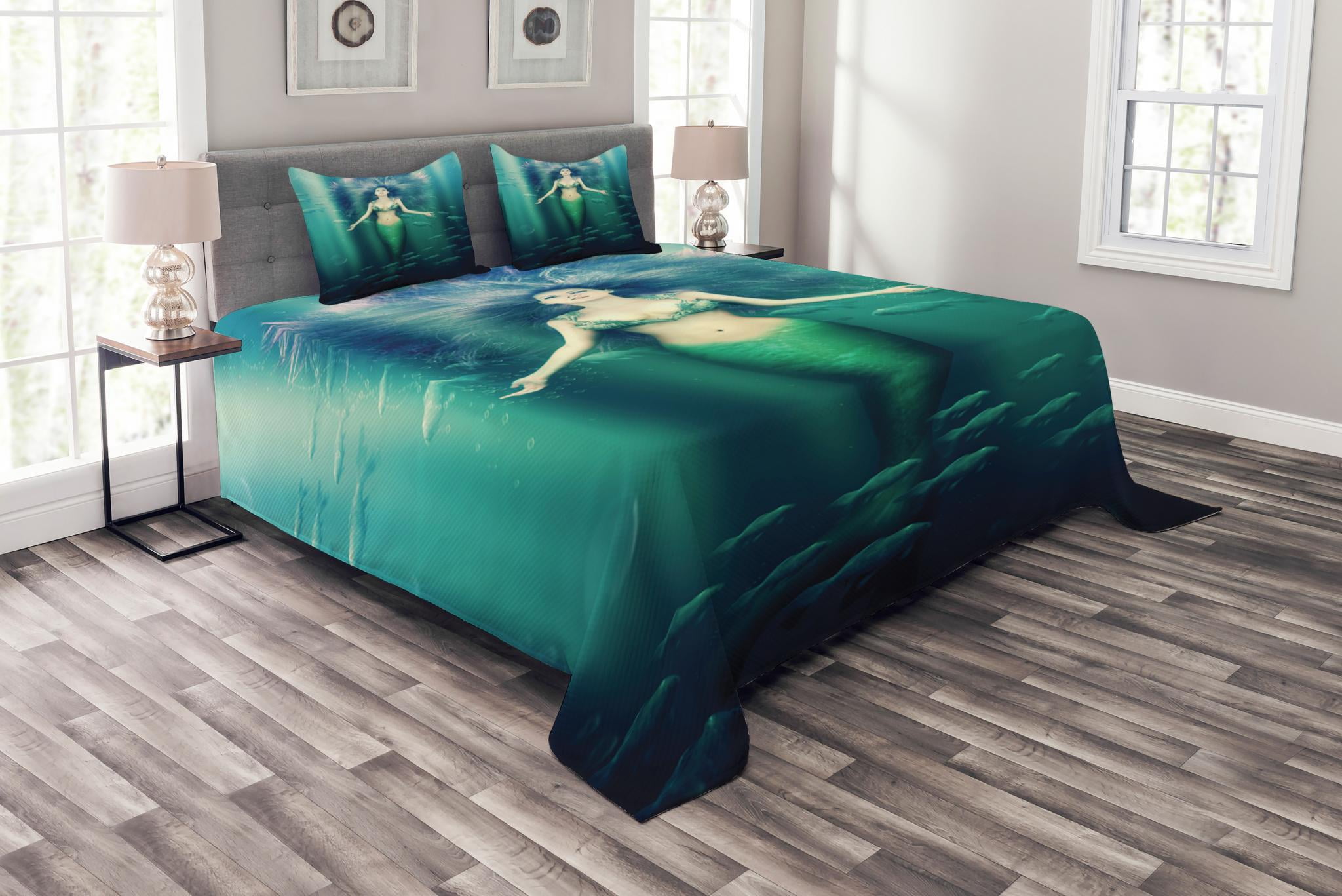 Mermaid Bedspread Set Queen Size, Fairytale Mermaid With Fish in ...