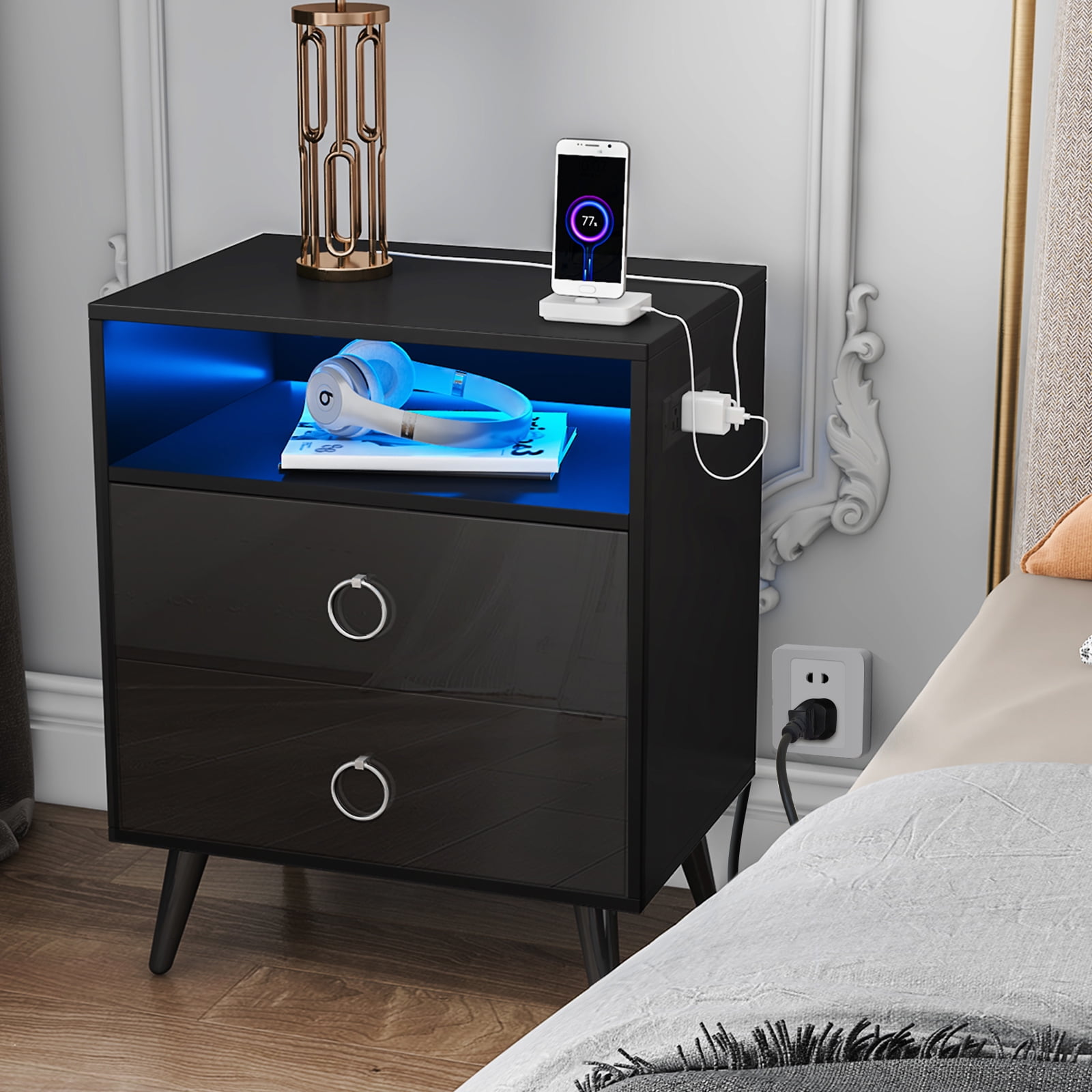 Hommpa Modern Nightstand with USB Outlets Charging Station High Gloss ...
