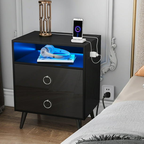 Hommpa Modern Nightstand with USB Outlets Charging Station High Gloss ...