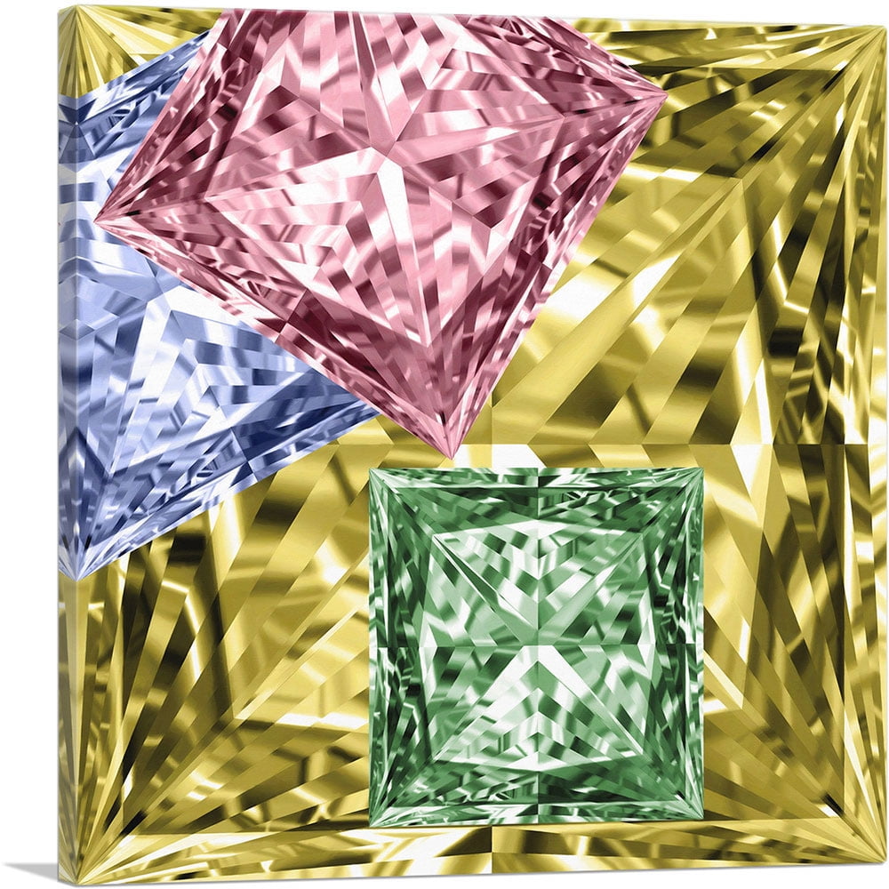 ARTCANVAS Yellow Pink Green Princess Cut Diamond Jewel Canvas Art Print ...