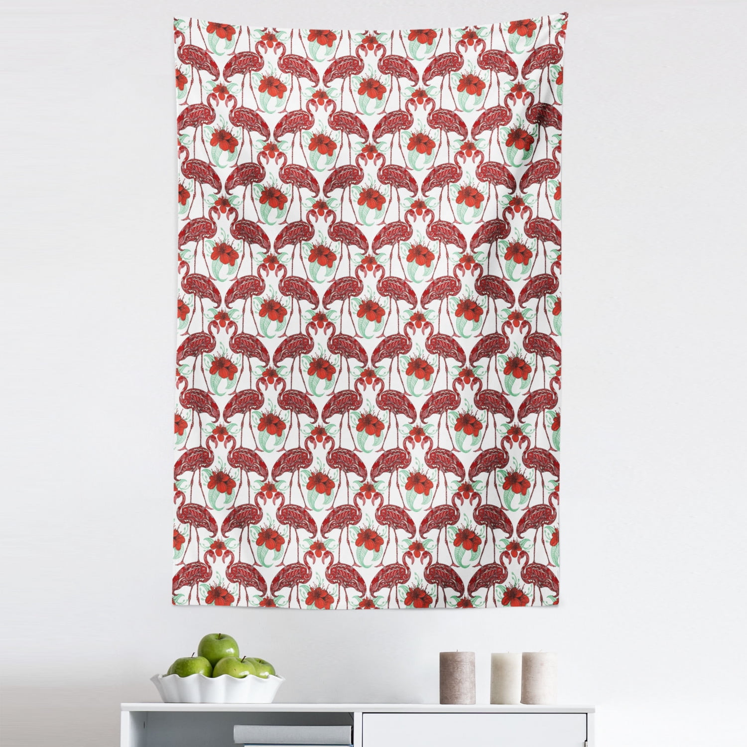 Flamingo Tapestry, Bird with Floral Abstract Ornaments Hand Drawn ...