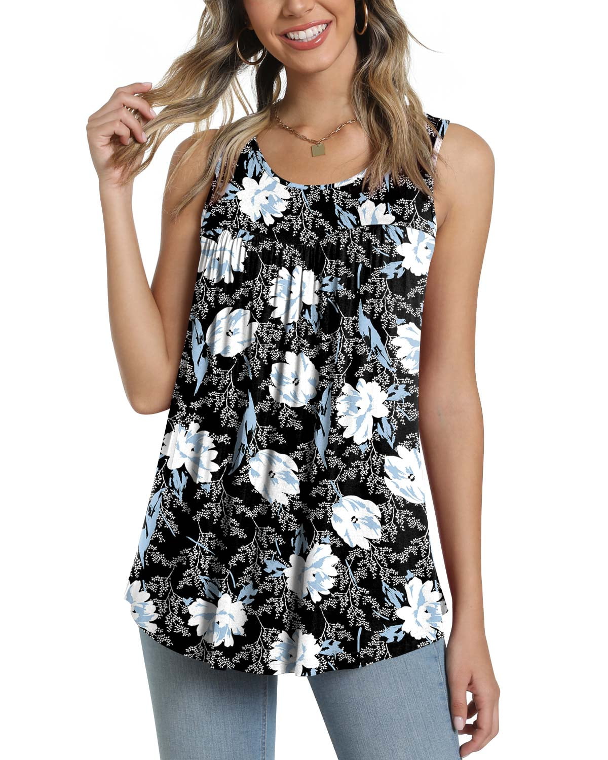CATHY Women's Summer Sleeveless Pleated Top Loose Crew Neck Tunic ...