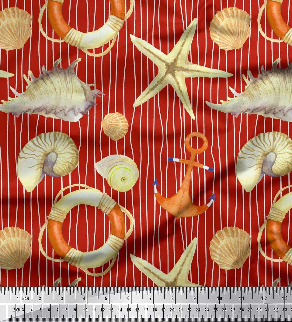 Soimoi Red Viscose Chiffon Fabric Stripe,Seashell & Starfish Ocean ...