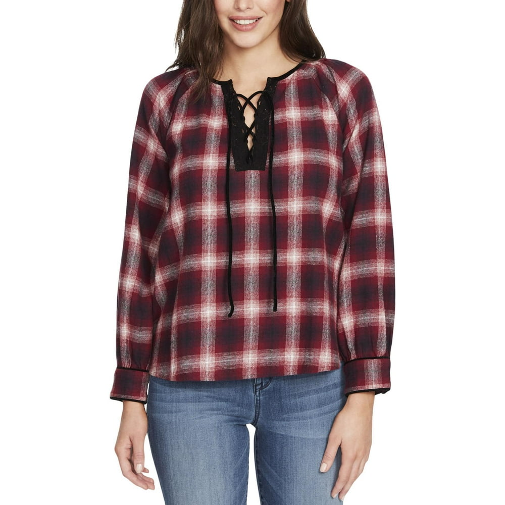 William Rast - William Rast Womens Meg Plaid Lace-Up Casual Top Red XS ...