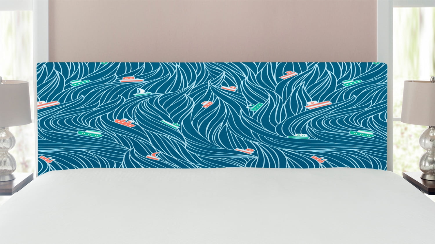 Nautical Headboard, Waves Ships Cartoon Nautical Sailboat Vacations ...