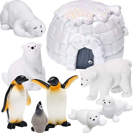 9 Pieces Polar Animal Toy Figurines Set with Lgloo Realistic Polar Bear ...