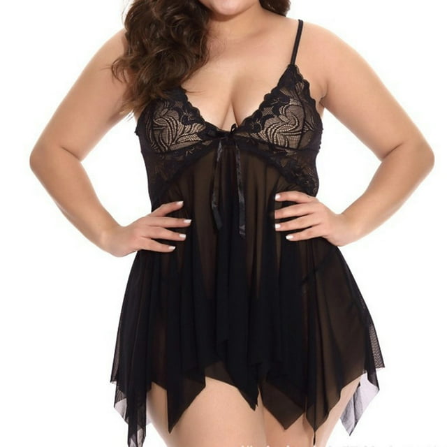 Xmarks Women Plus Size Sexy Lingerie Lace Babydoll Deep V Nightwear Mesh Sheer Chemises Black ...