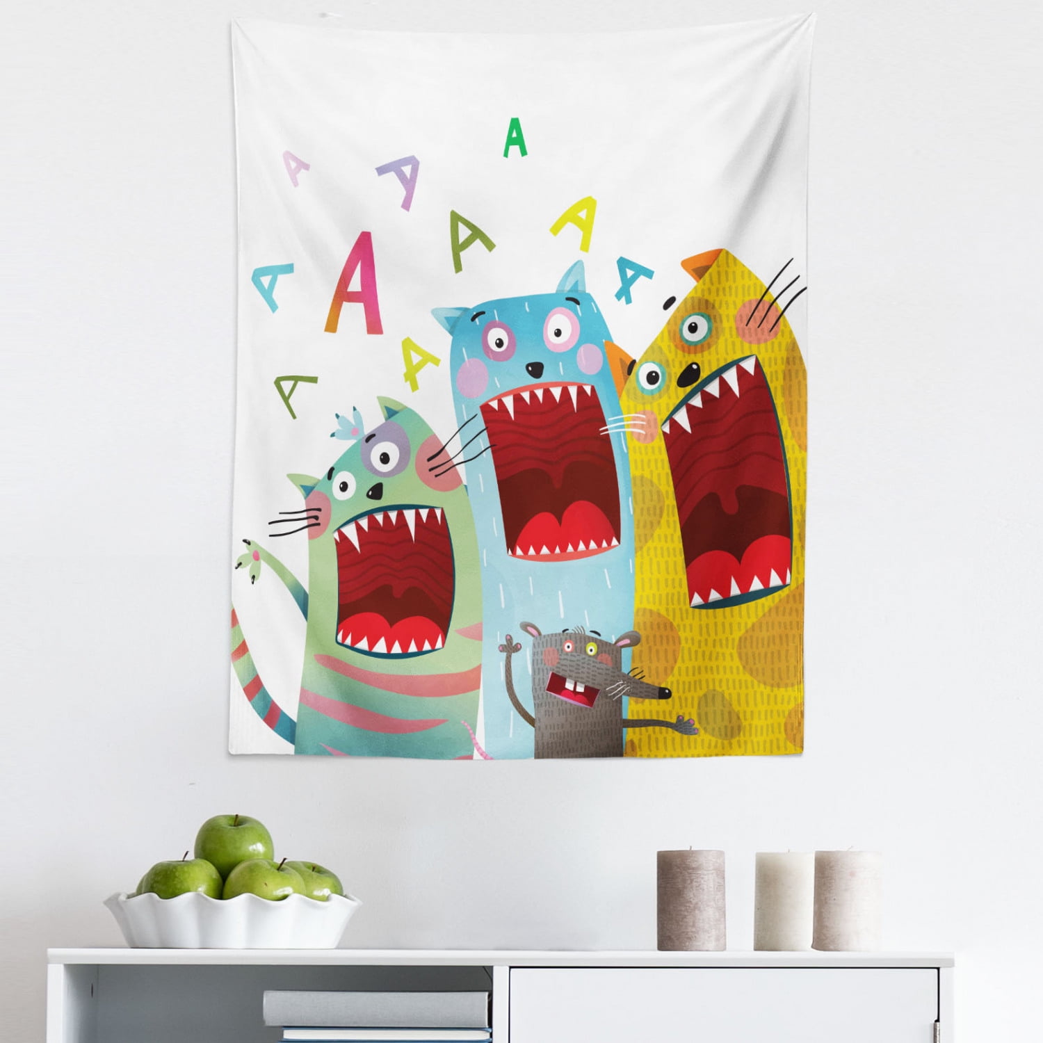 Cartoon Tapestry, Colorful Cats and Rat Singing Funny Animal Characters ...