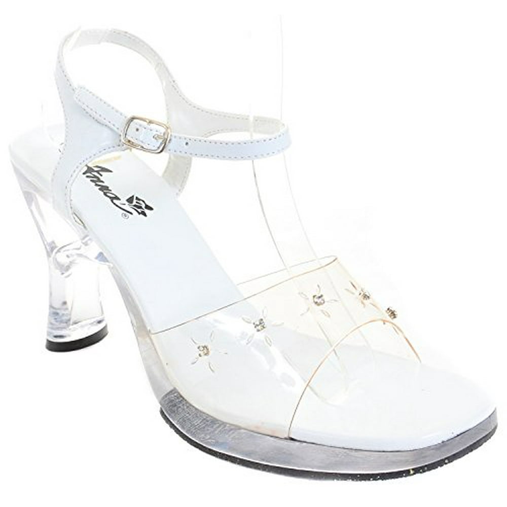 Fourever Funky - Clear Rhinestone Heel White Sandal Women's Low Heels ...
